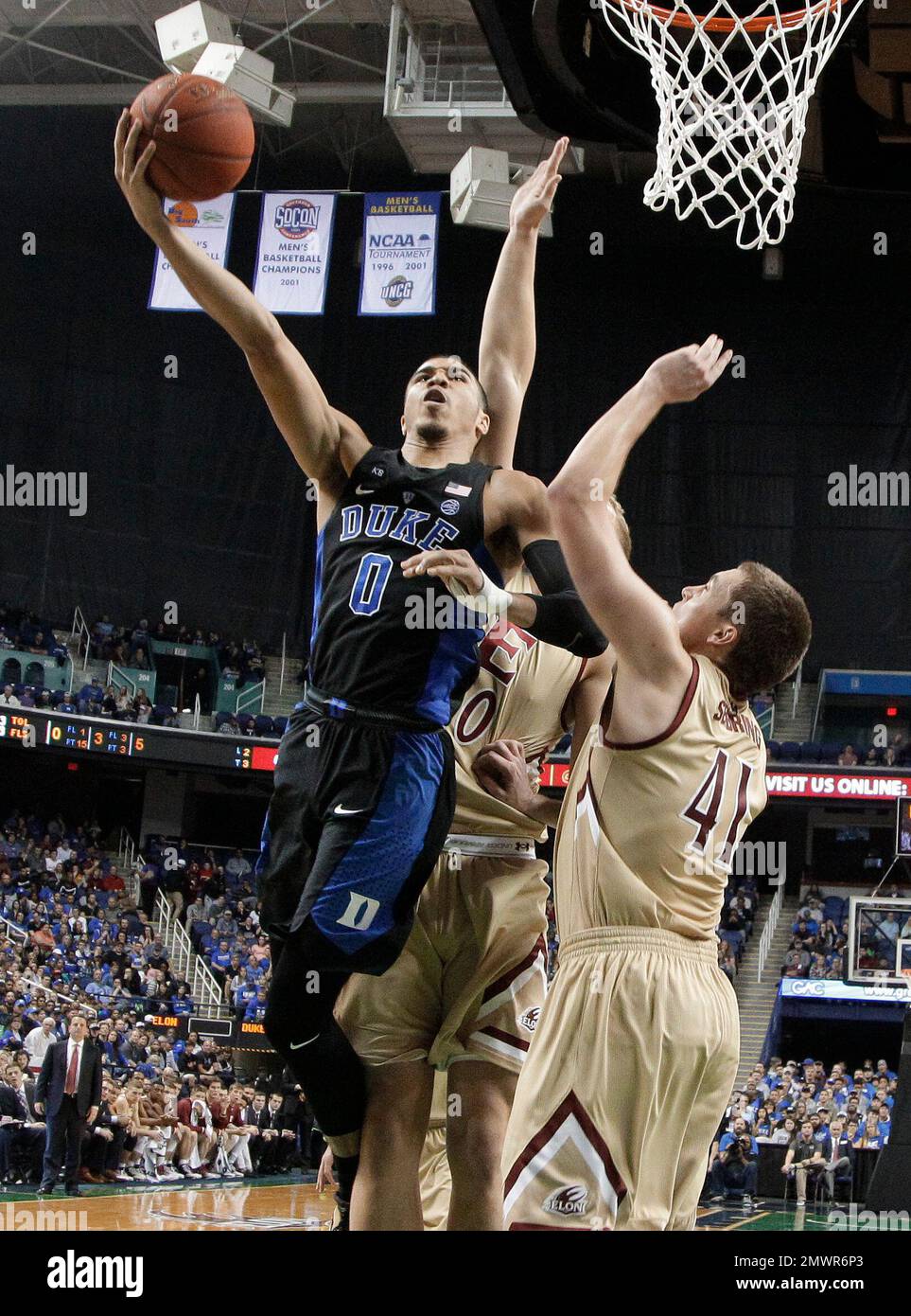 Duke's Jayson Tatum (0) drives against Elon's Tyler Seibring (41) in ...