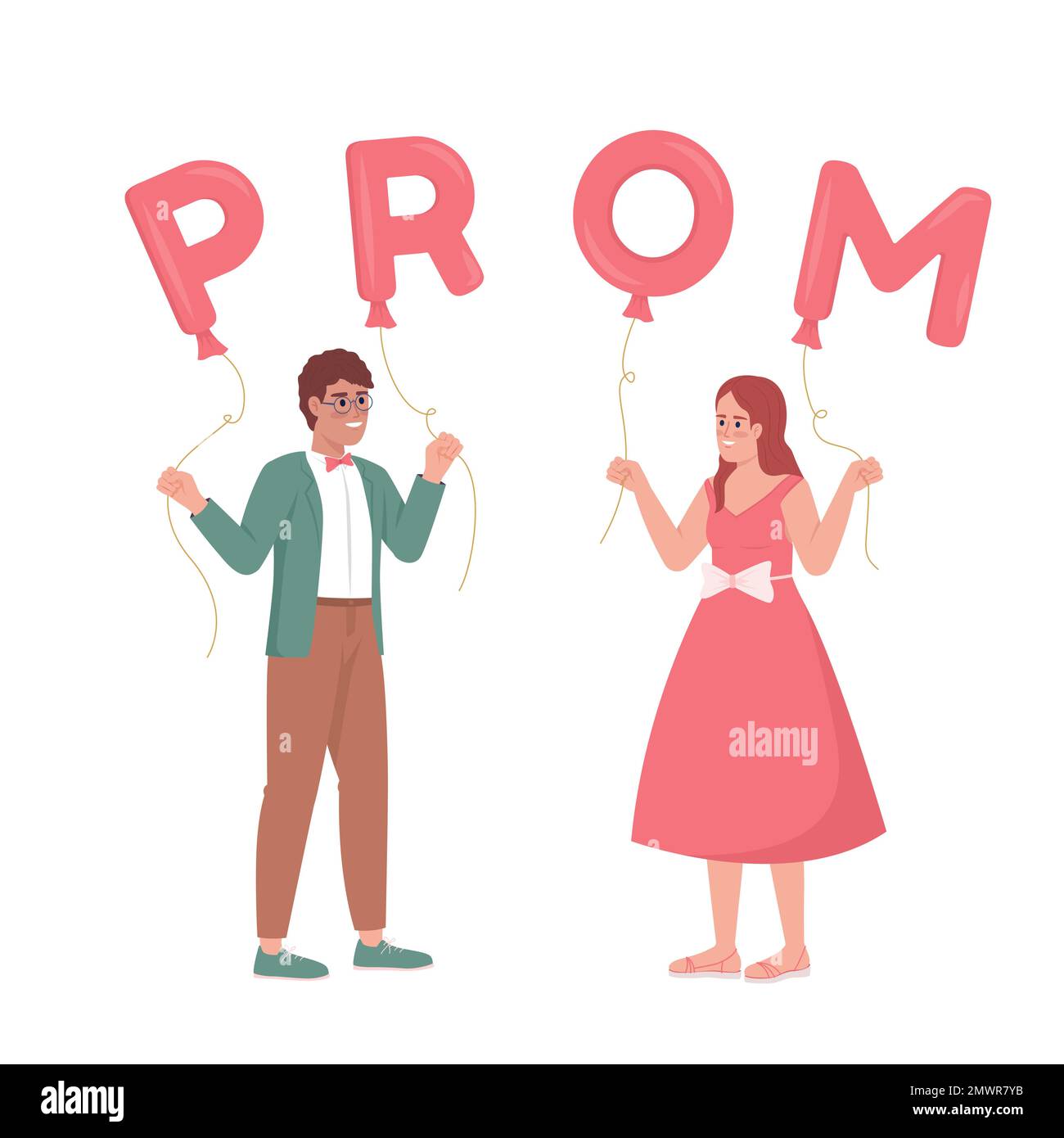 Boy asking girl to prom with balloons semi flat color vector characters ...
