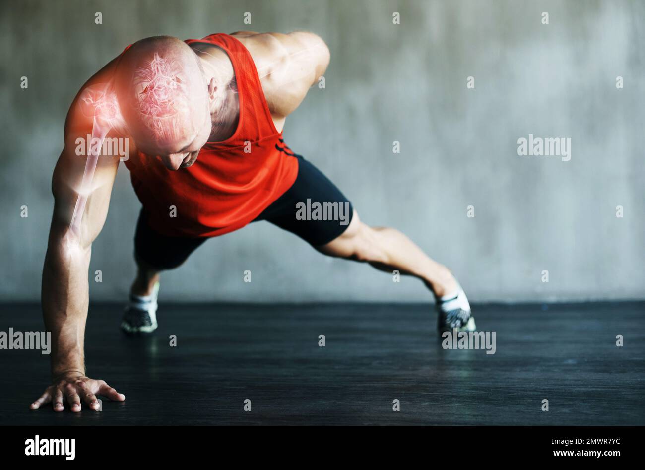 Fitness, push up and bodybuilder man in strong, power training or ...