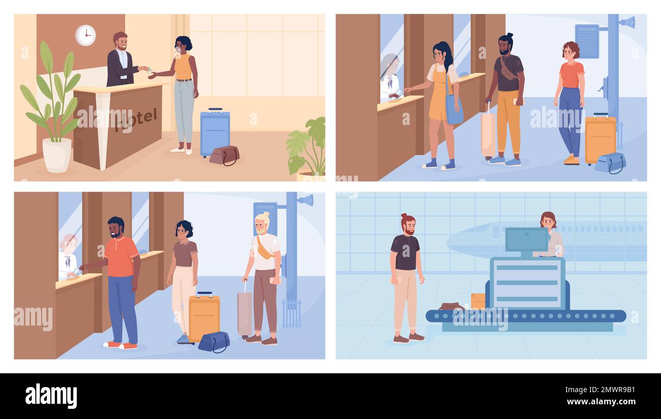 Boarding and check-in flat color vector illustration set Stock Vector ...