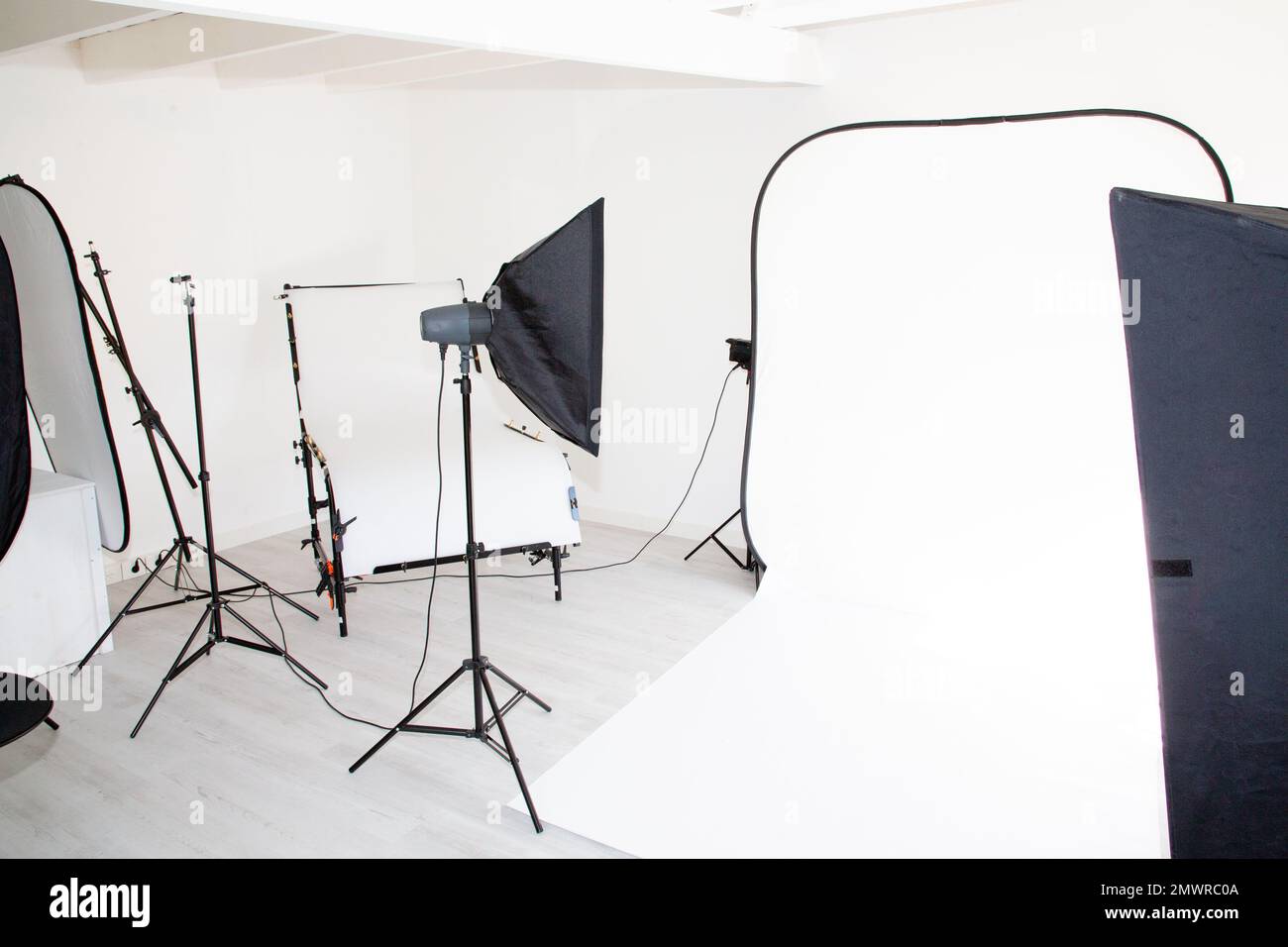 empty photo studio background with photography lighting equipment Stock ...