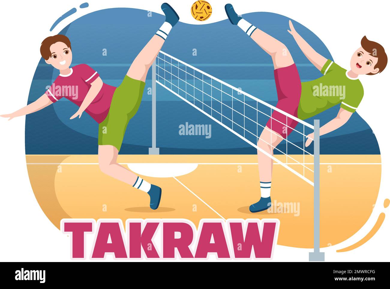 Sepak Takraw Illustration with Athlete Playing Kick Ball on Court in ...