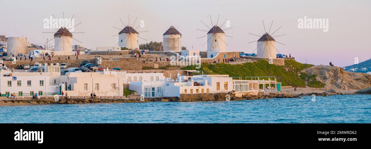 sunset at Mykonos Greek village in Greece, colorful streets of Mikonos ...