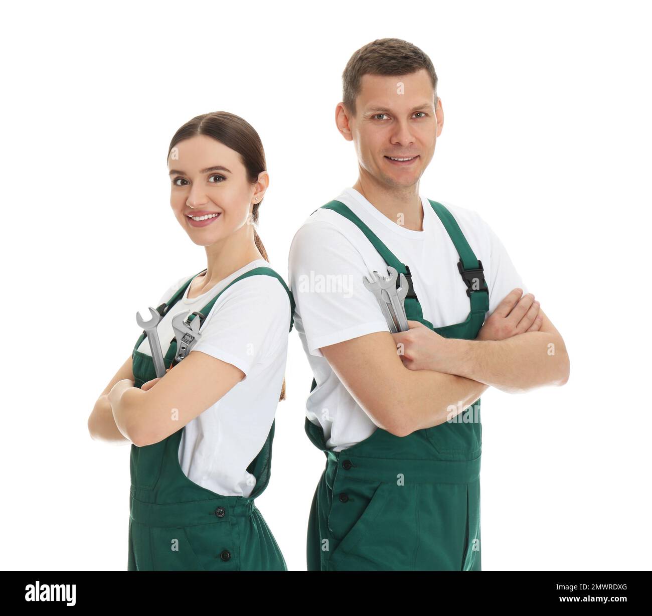 Portrait of professional auto mechanics on white background Stock Photo ...
