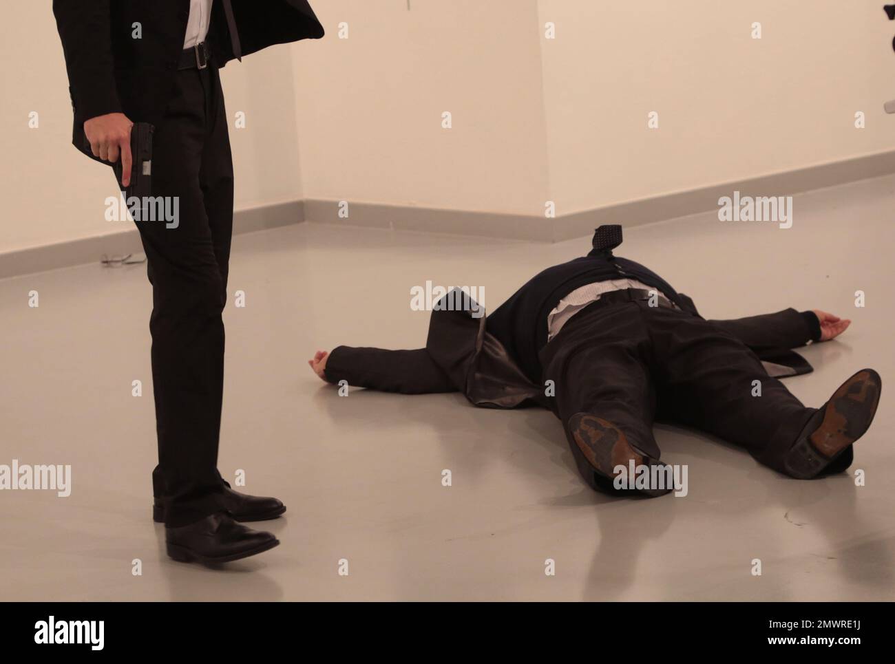 An unnamed gunman holds the gun after shooting the Russian Ambassador ...