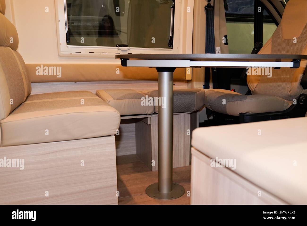 campervan interior table wooden in modern new motor home Stock Photo ...
