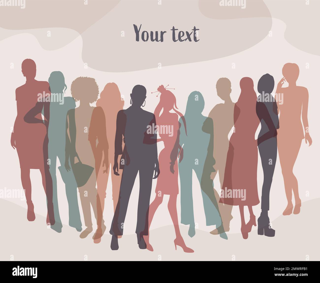 Silhouette group of multicultural women and girls standing Women’s day ...