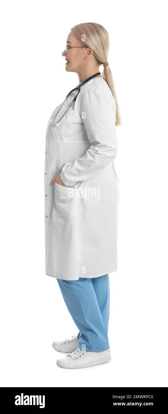 Doctor in clean uniform on white background Stock Photo - Alamy