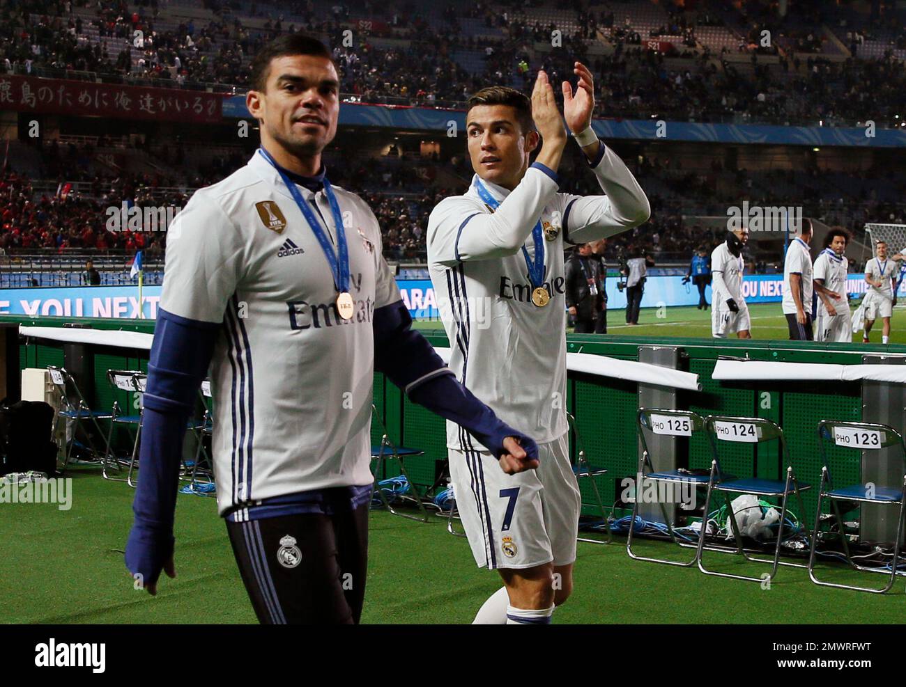 Real Madrid's Cristiano Ronaldo, right, and Pepe celebrate after ...