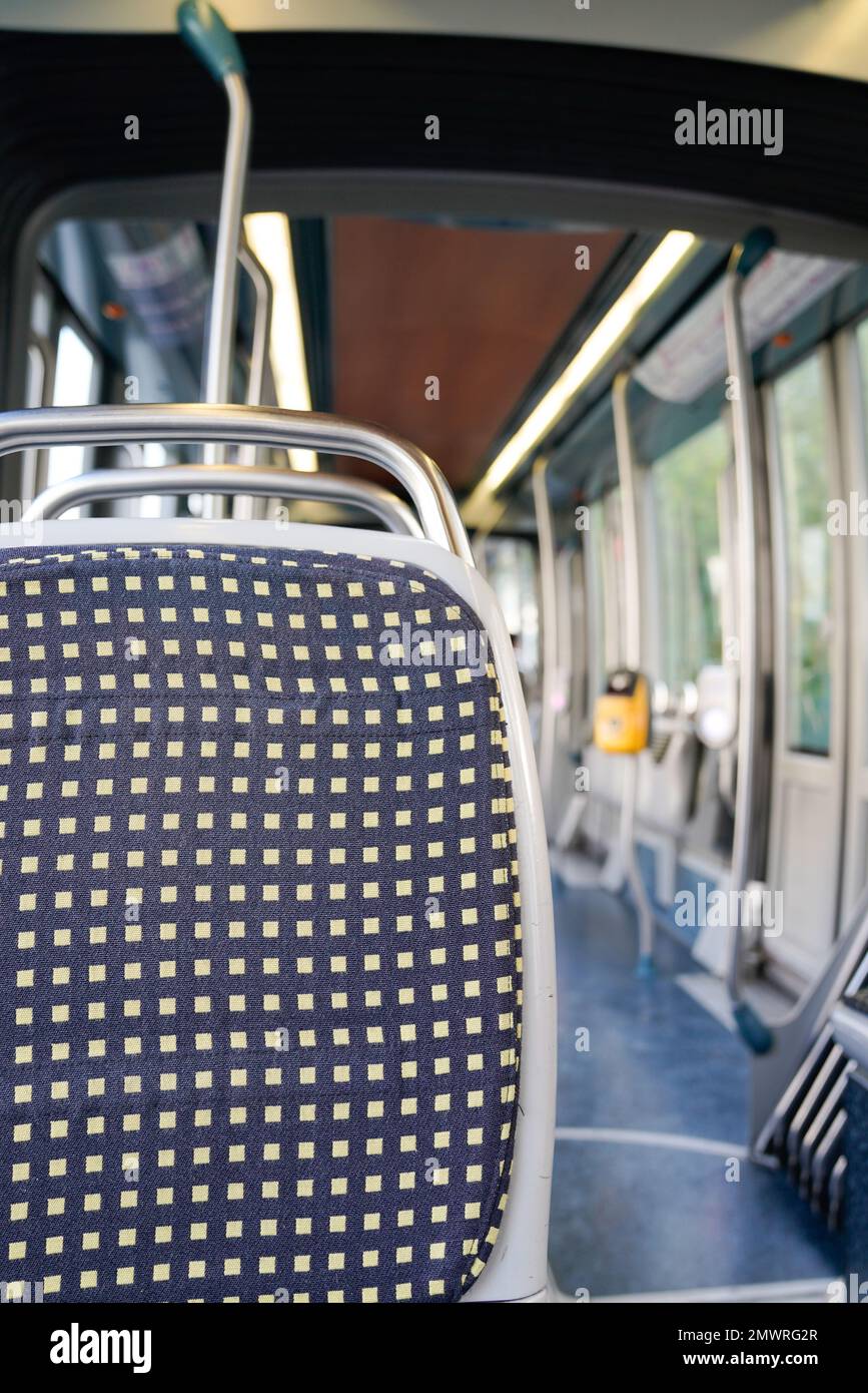 New modern tram car trolley city transport interior wide view of city ...