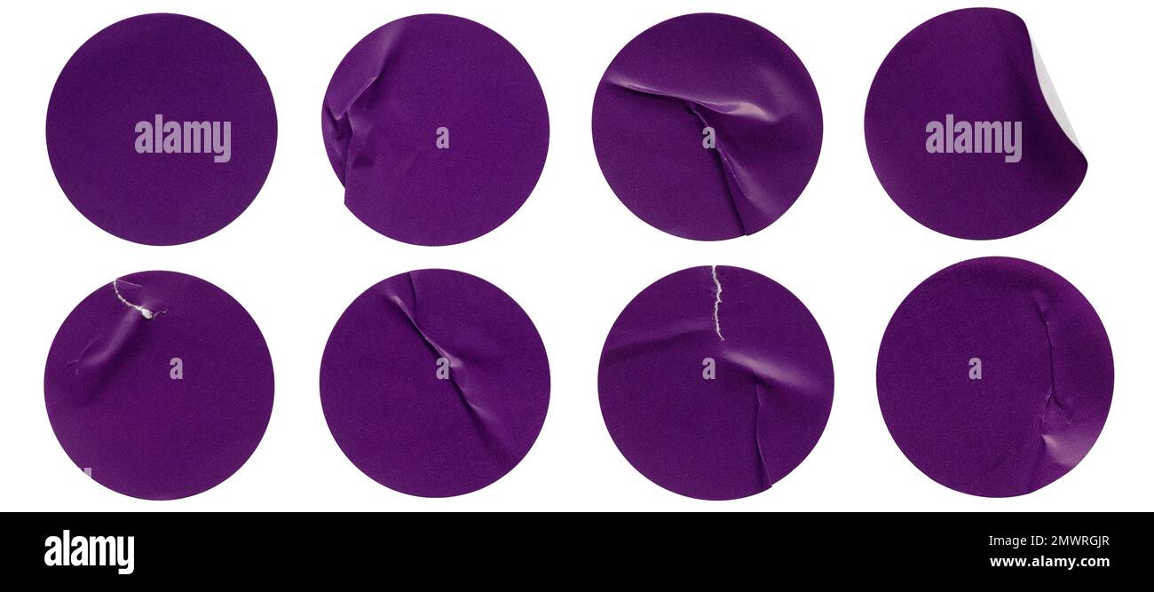 A set of blank purple round adhesive paper sticker label isolated on ...