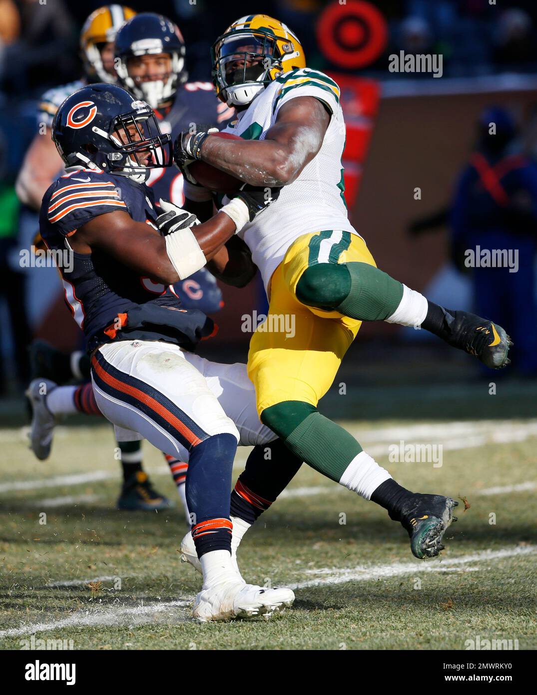 Green Bay Packers receiver Ty Montgomery, right, is tackled by Chicago ...