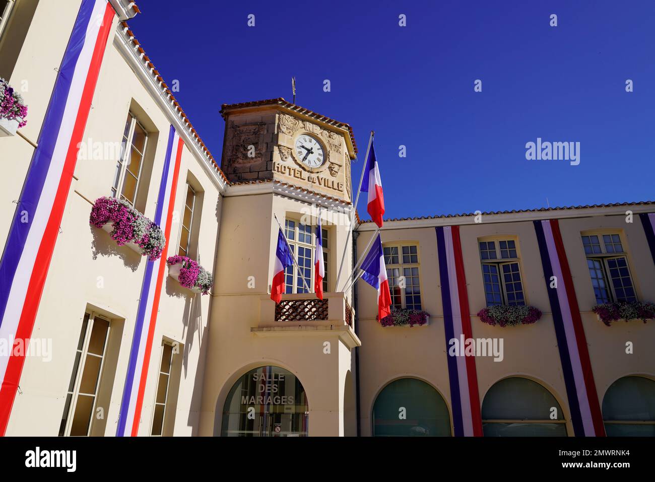 french flag city hall building red white blue decoration fabric ribbon ...