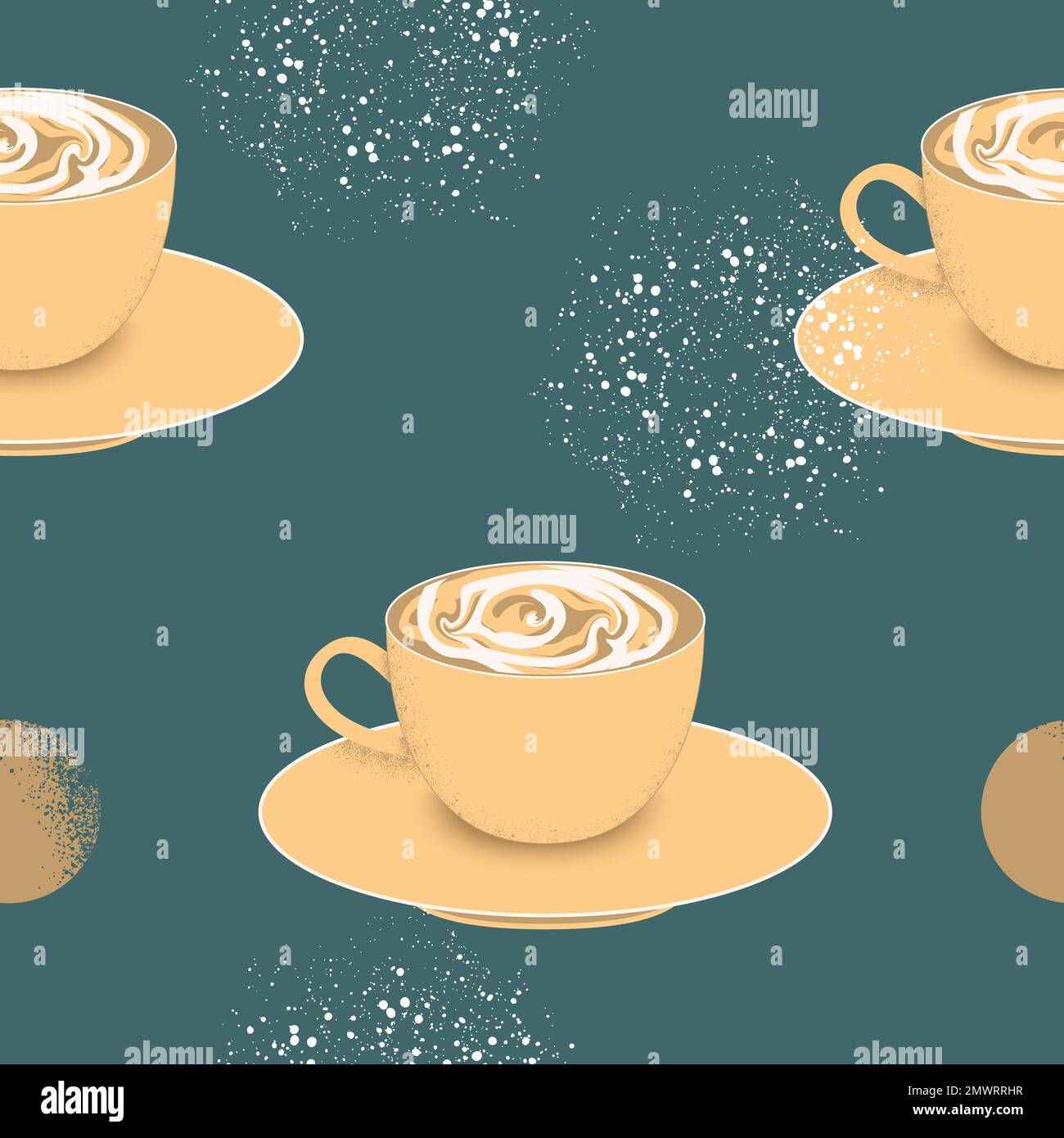 Vector seamless pattern with aqua green background, coffee cups and ...