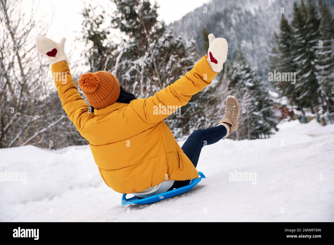 Woman sledding outdoors, back view. Winter vacation Stock Photo - Alamy