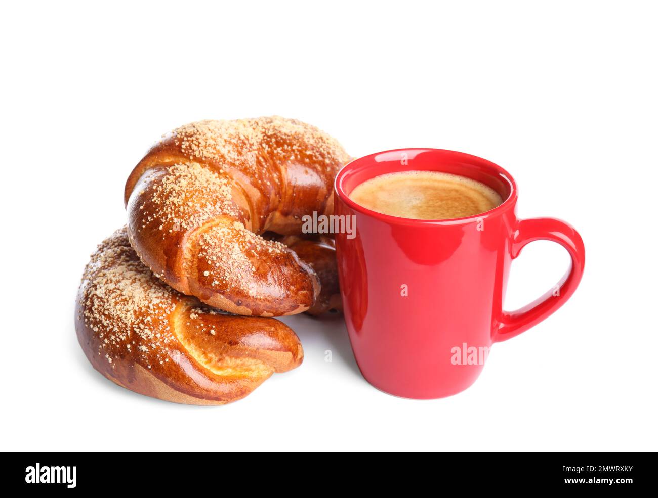Delicious pastries and coffee on white background Stock Photo - Alamy