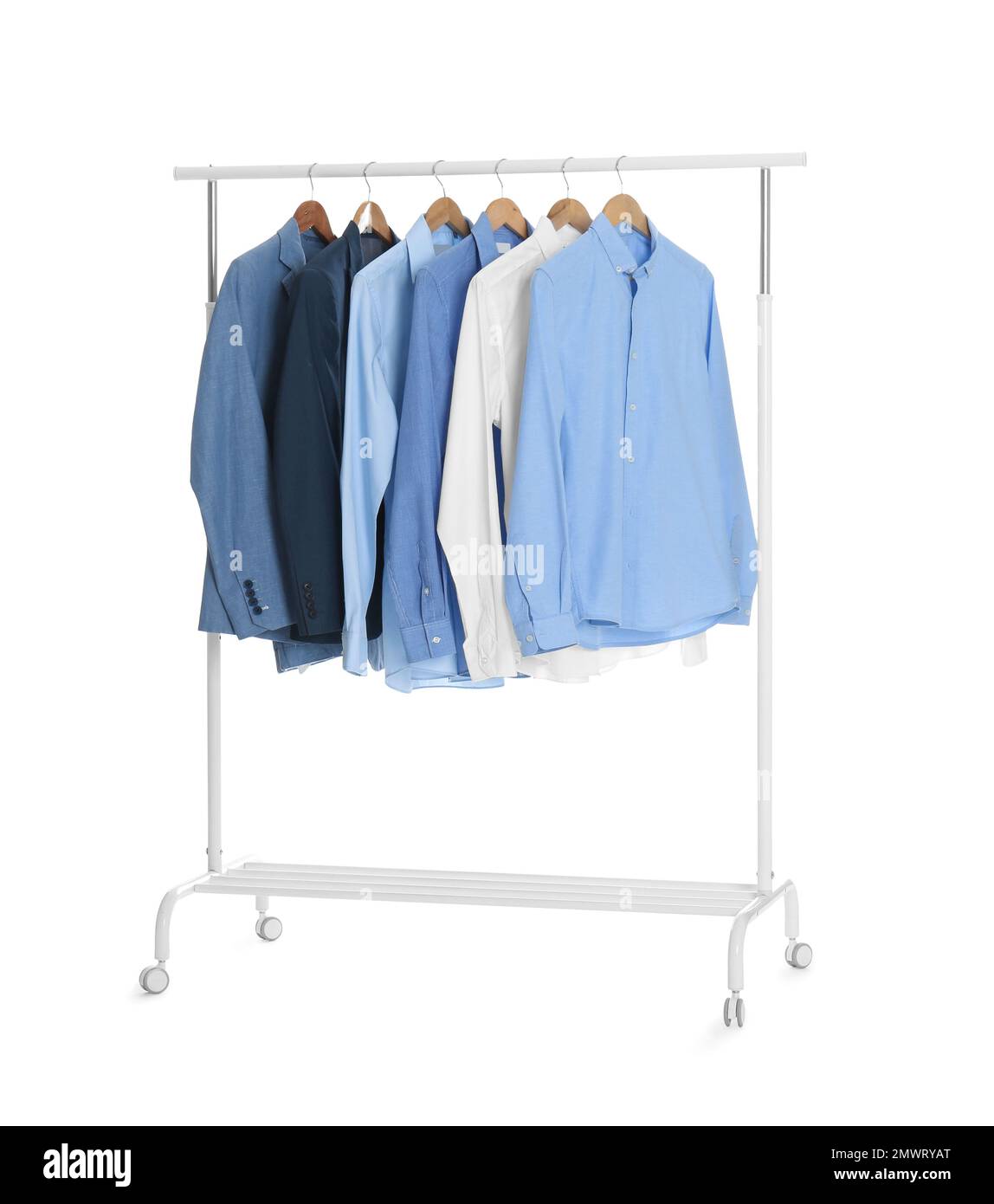 Rack with stylish men's clothes isolated on white Stock Photo - Alamy