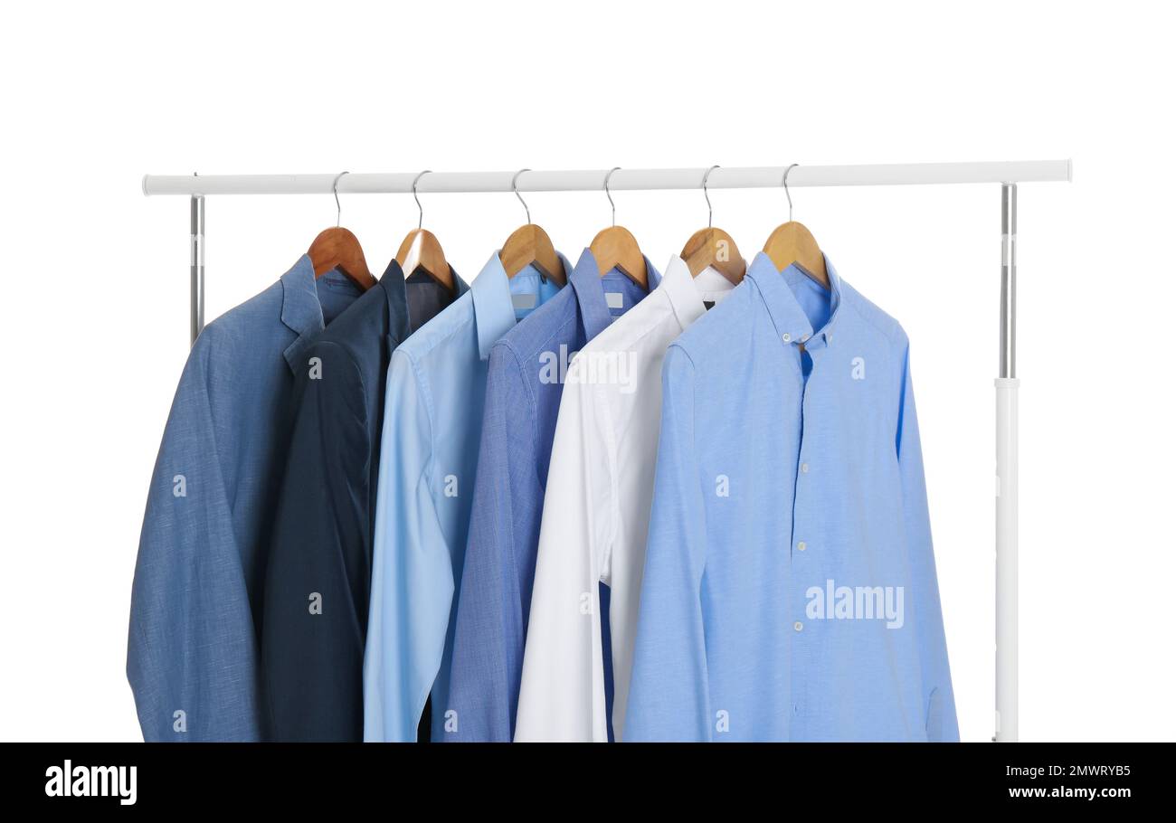 Rack with stylish men's clothes isolated on white Stock Photo - Alamy