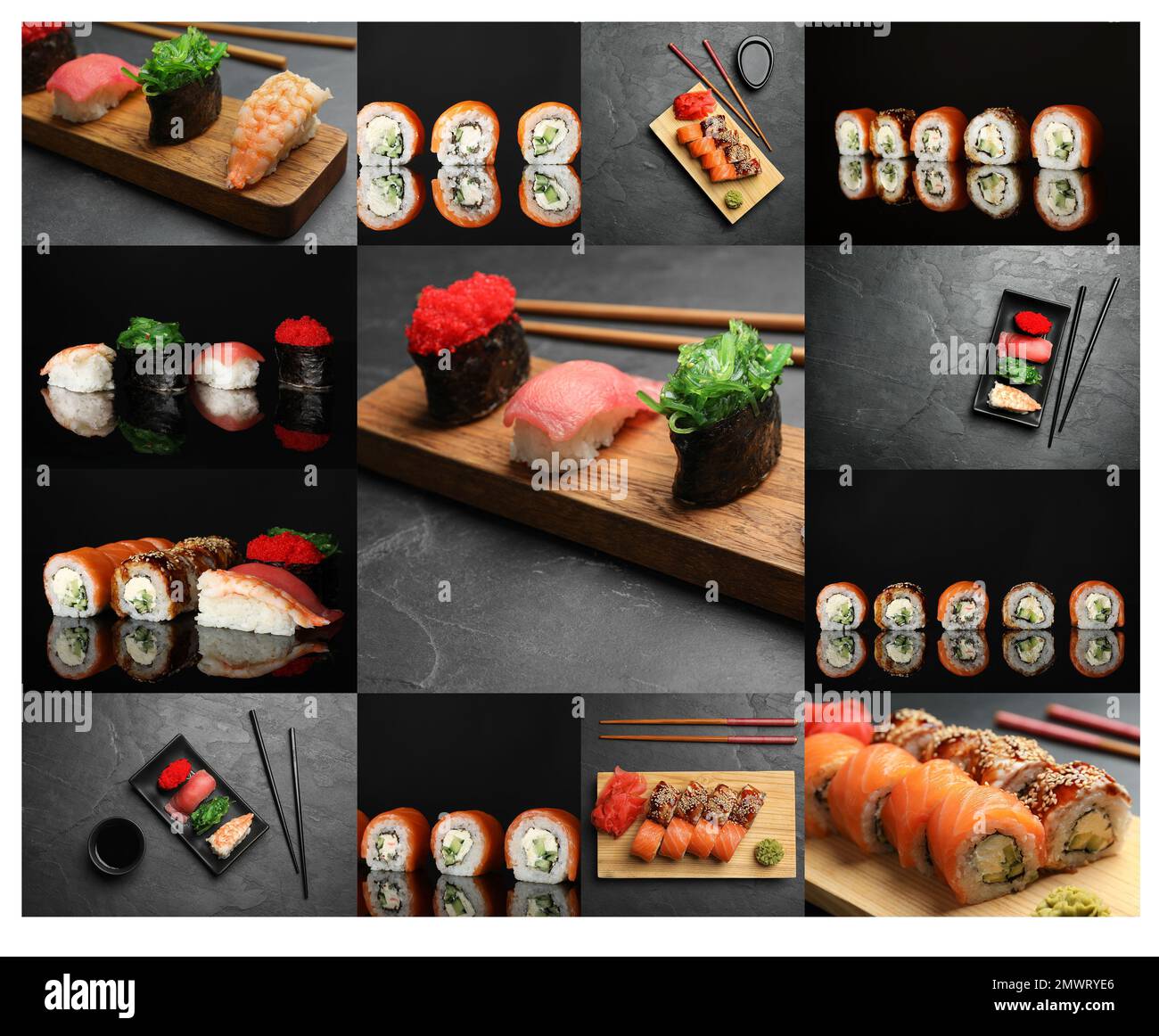 Collage with photos of delicious sushi and rolls Stock Photo - Alamy