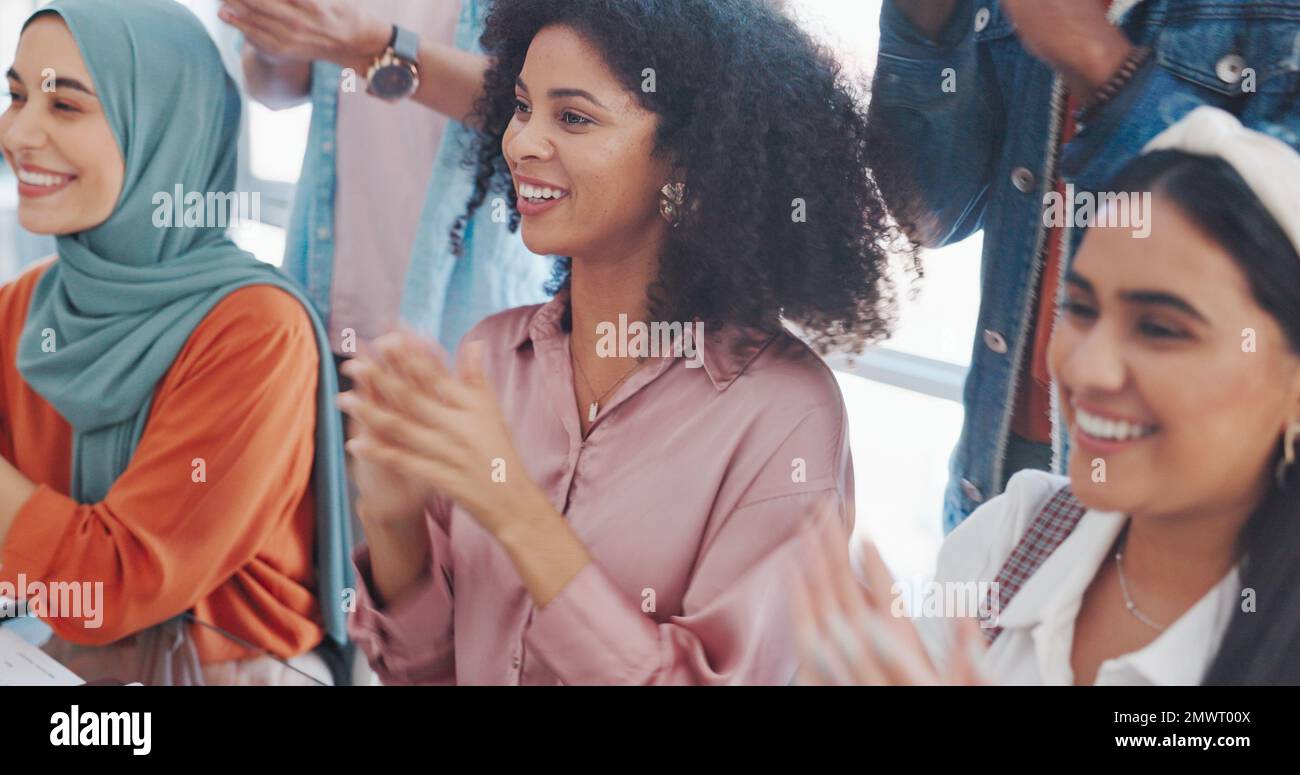 Business people, women and applause for celebration, partnership and ...