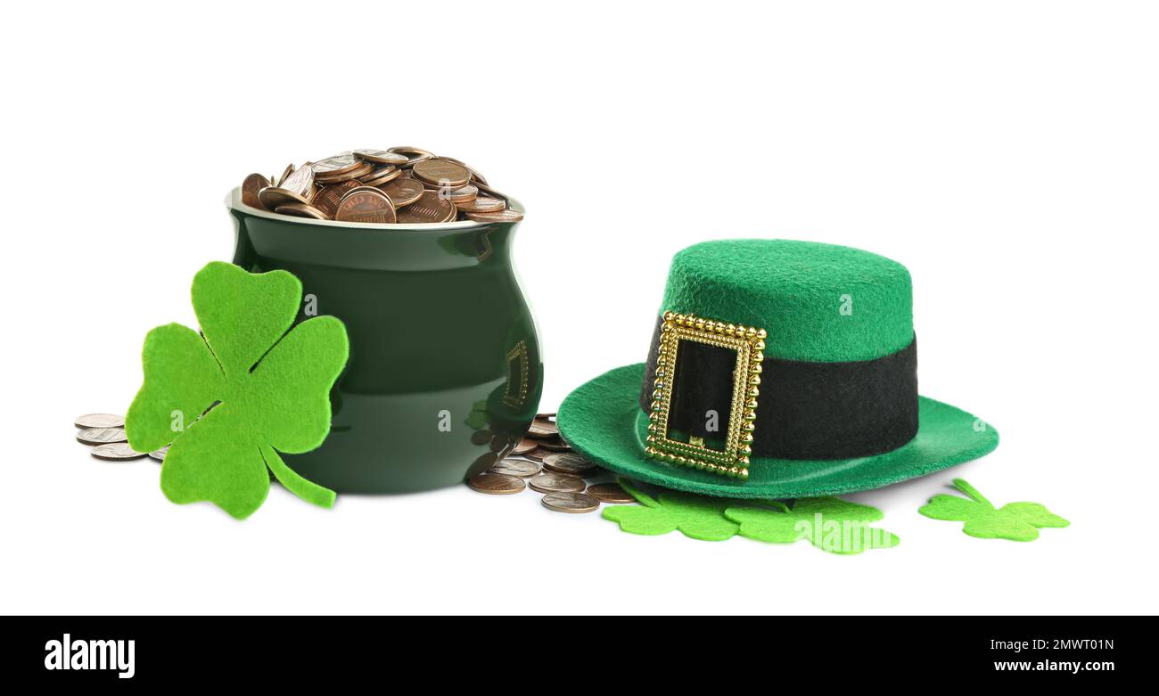 Pot of gold coins, hat and clover on white background. St. Patrick's ...
