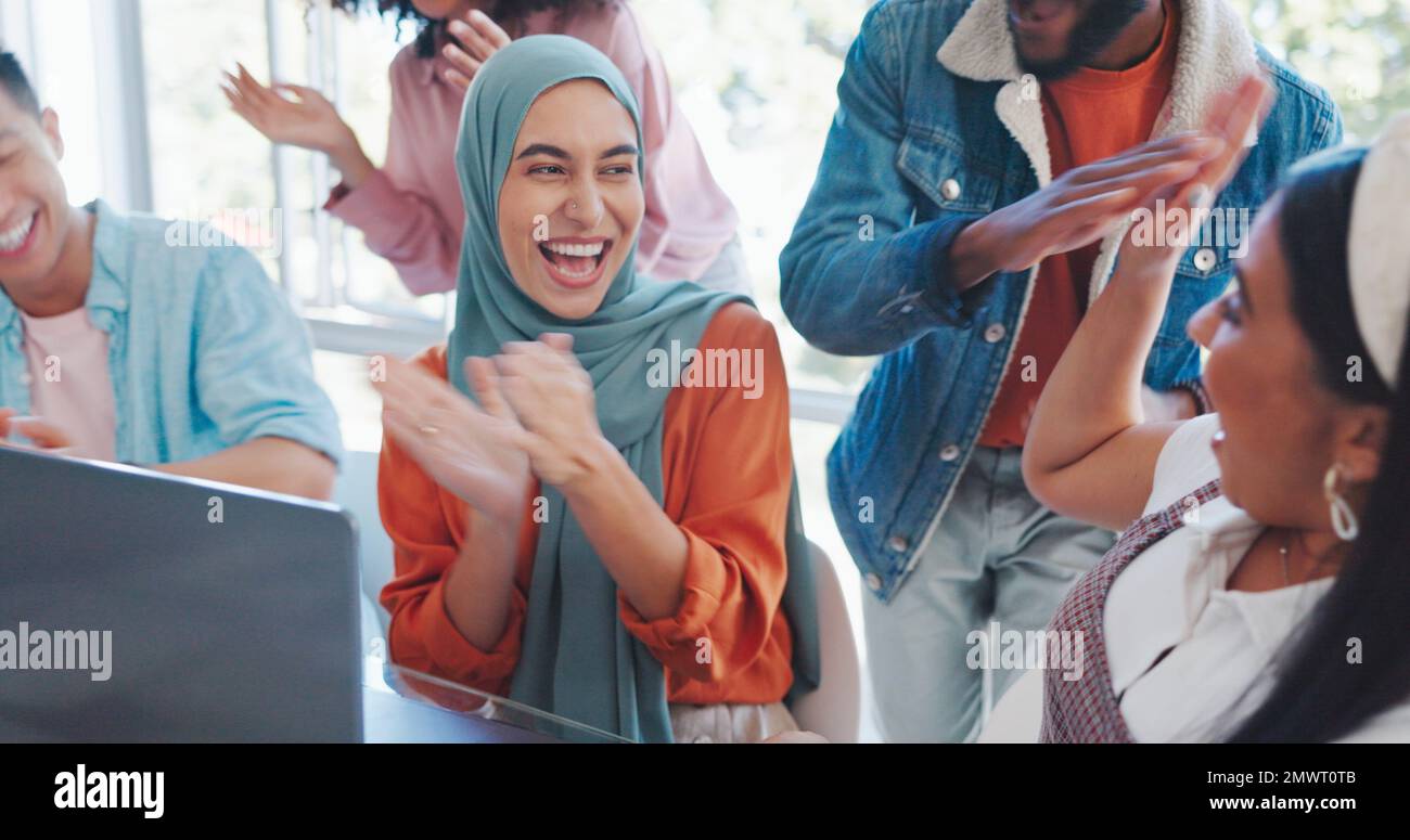 Business, team and applause for celebration, corporate deal and sales ...