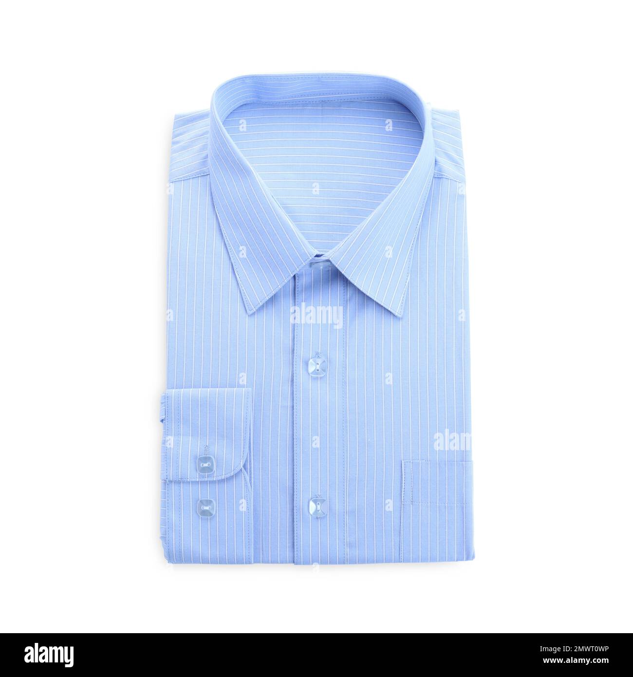 Stylish light blue shirt isolated on white, top view. Dry-cleaning ...