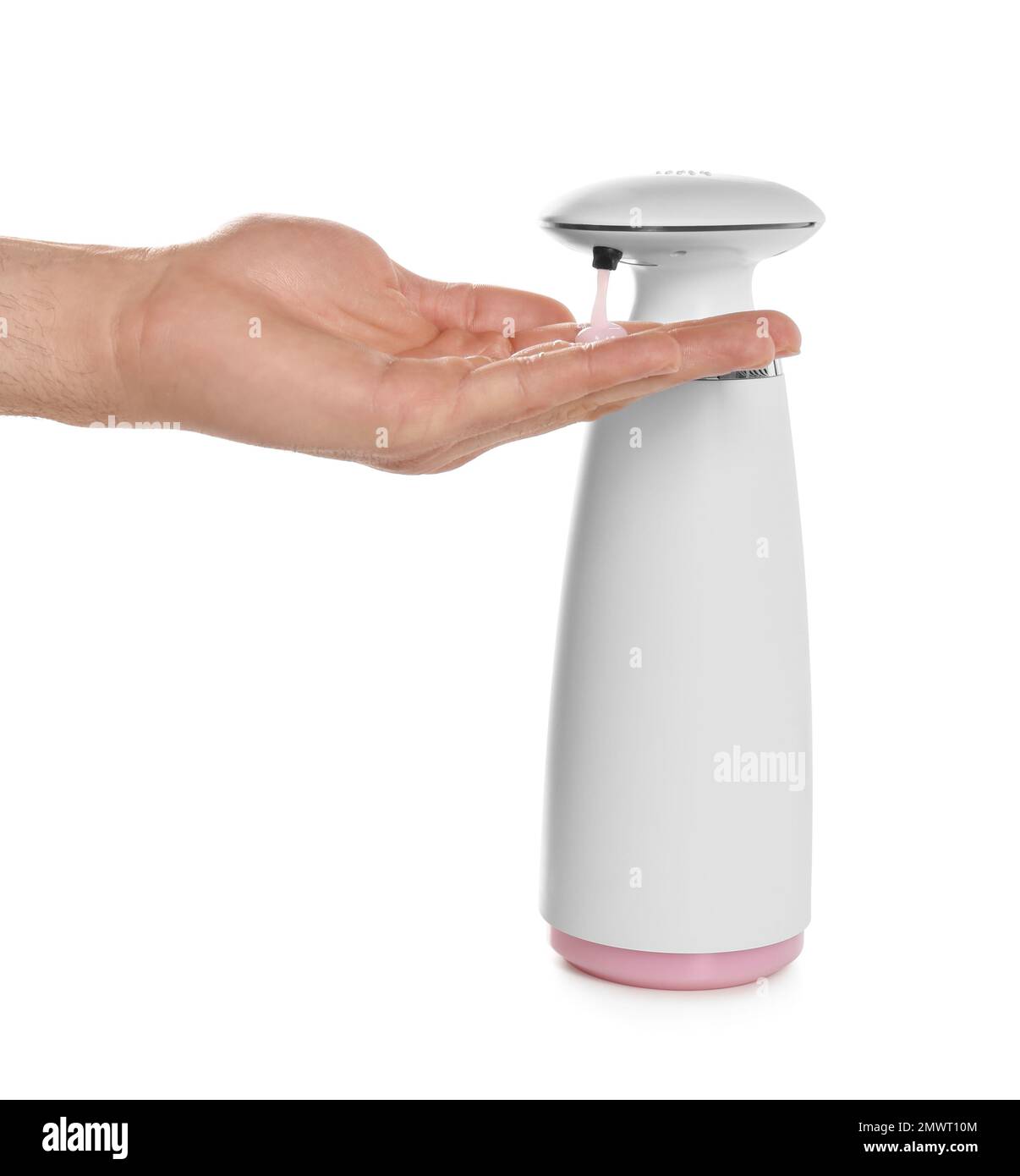 Man using automatic soap dispenser on white background, closeup Stock ...