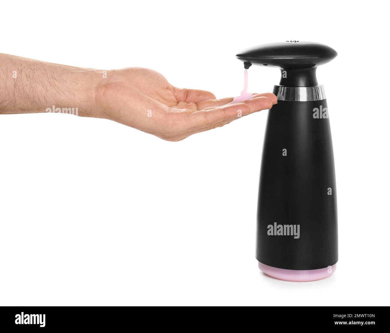 Man using automatic soap dispenser on white background, closeup Stock ...