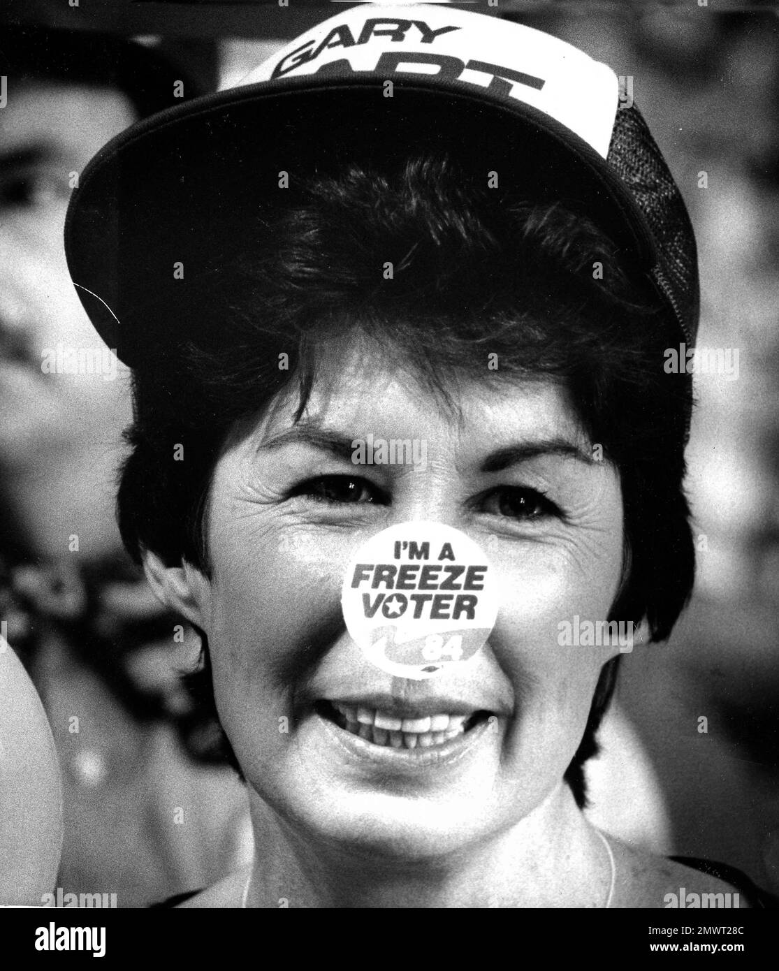 Colleen Buscemi of Springfield, Ohio, sports a nuclear freeze sticker ...