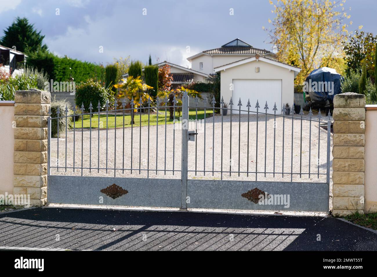 grey old vintage portal style metal driveway entrance gate access entry ...