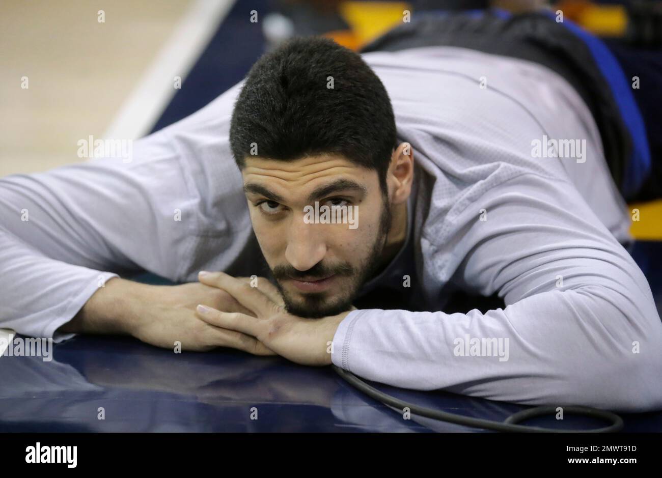 Oklahoma City Thunder center Enes Kanter looks on as he stretches ...