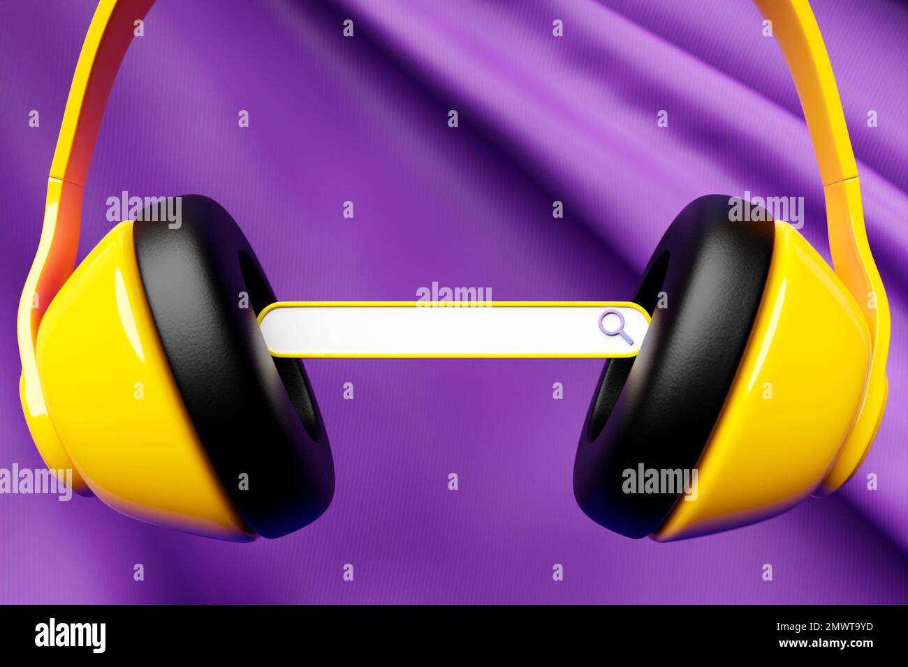 Yellow classic wireless headphones with search bar 3d rendering ...