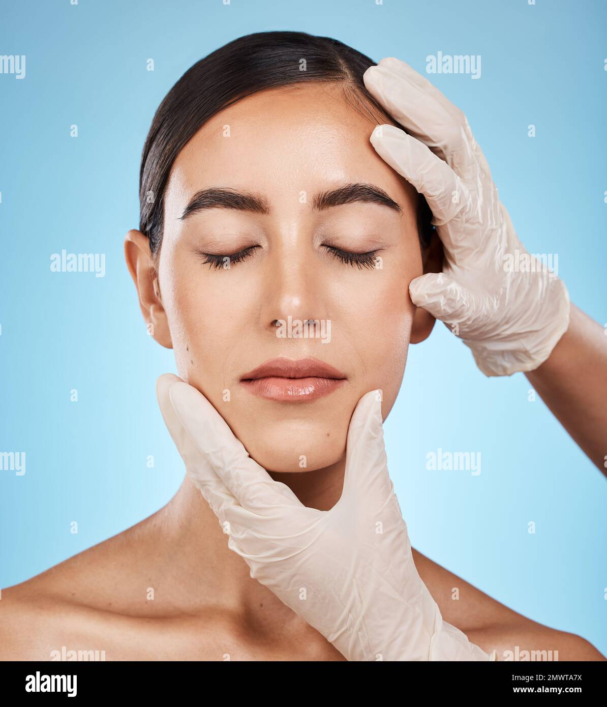 Cosmetics, plastic surgery and hands check woman face for laser, botox ...