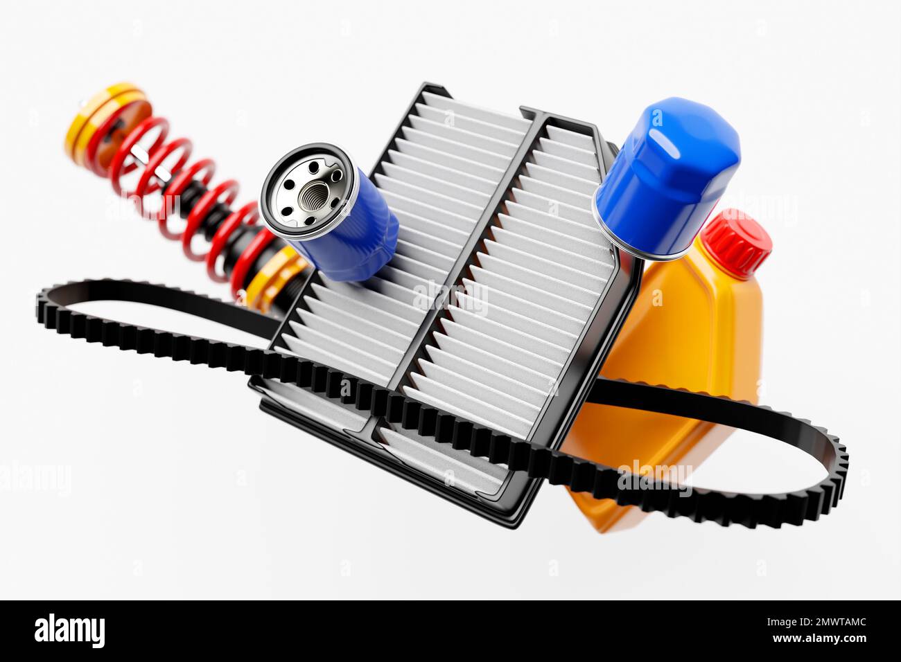 3d illustration of auto parts car shock absorber, oil canister, fuel ...