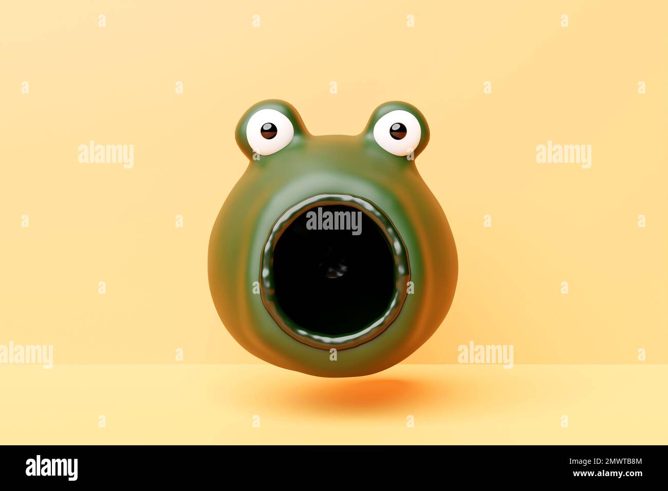 3D illustration of a green frog monster with an open mouth on a yellow ...