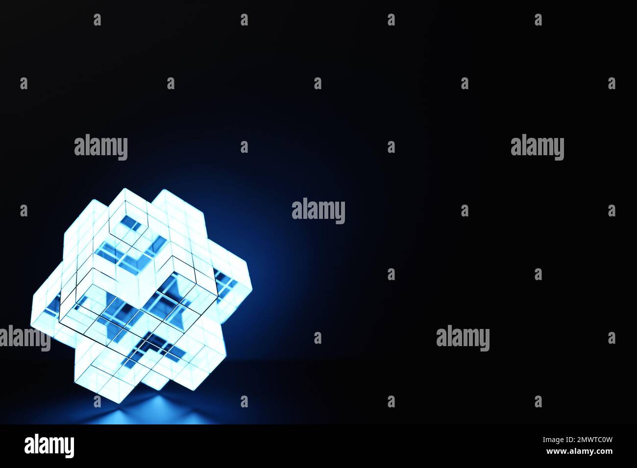 3d model of a blue light puzzle. Abstract bright polyhedron with tips ...