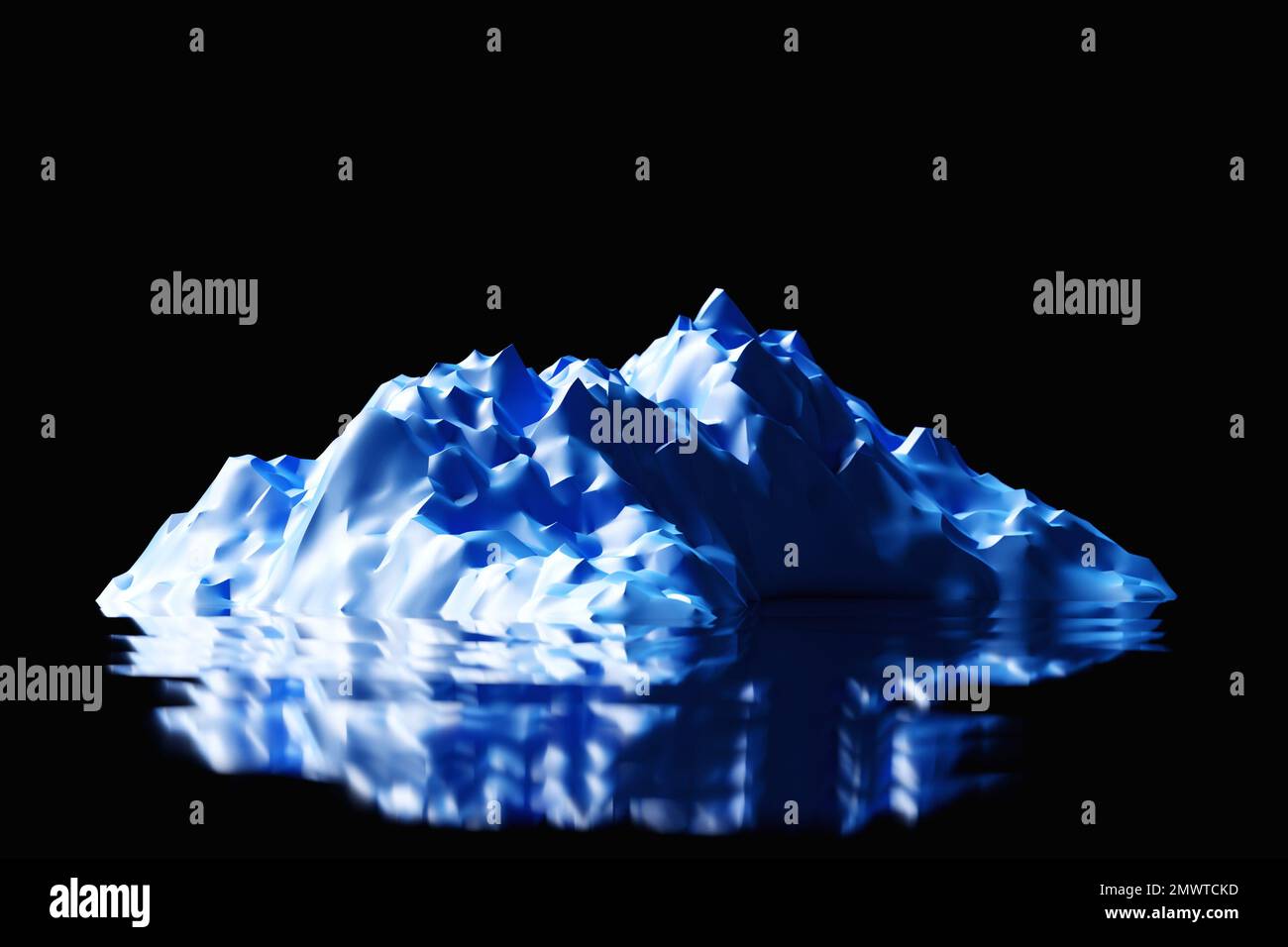 3d illustration neon blue mountains of different sizes on a black ...
