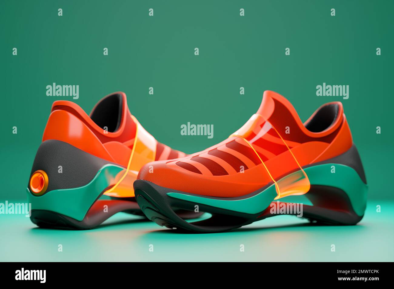 3D illustration of a concept shoe for the metaverse. Colorful red and ...