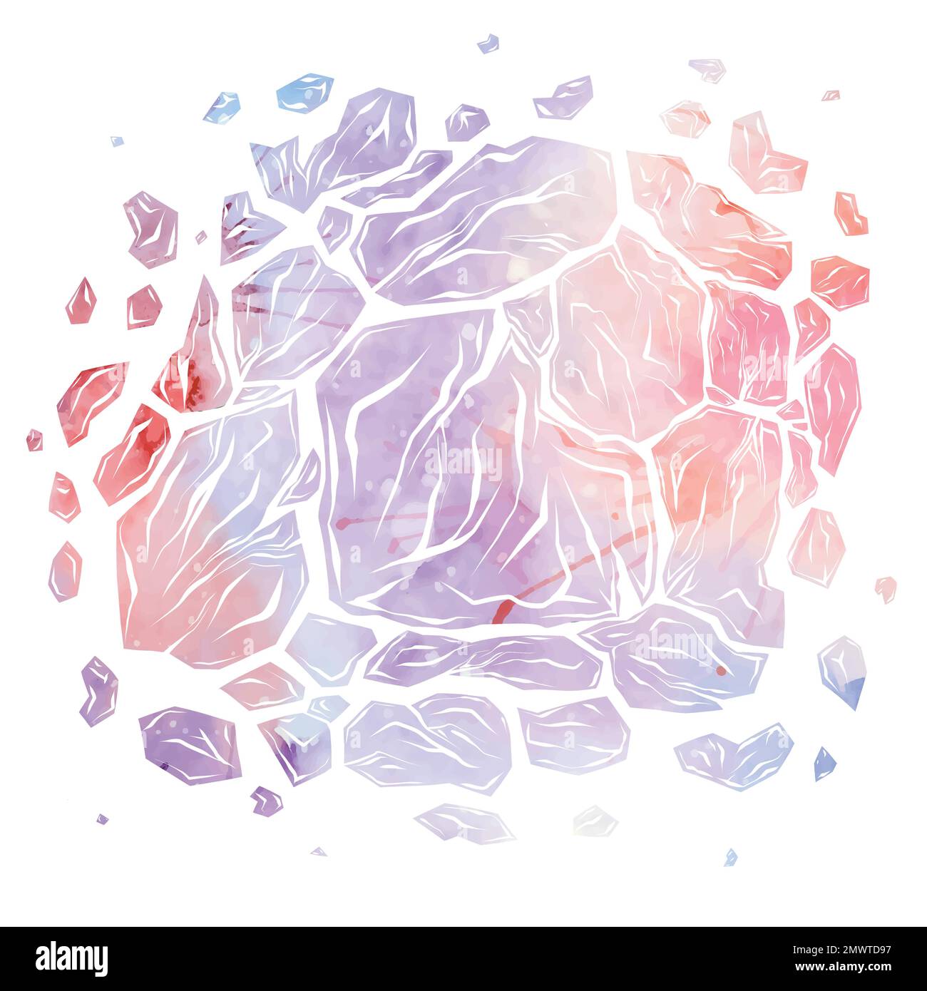 Vector violet watercolor illustration of broken stones. Earthquake and ...