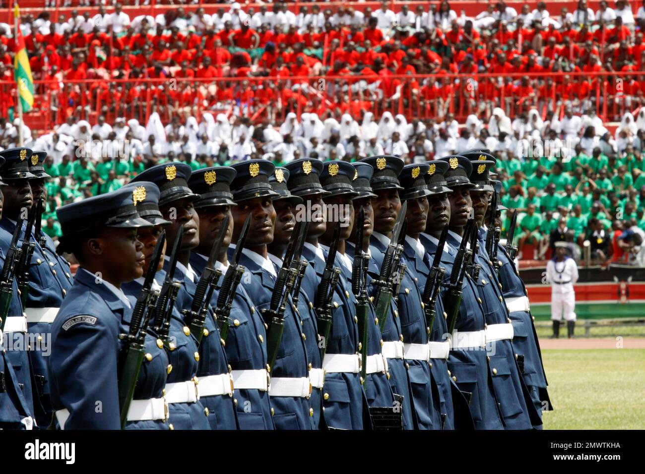 Kenyan Navy personnel take part in the trooping of the colour parade ...