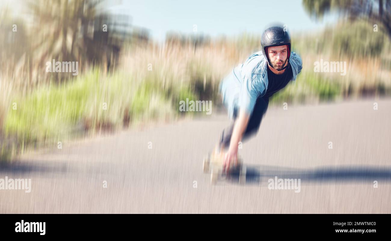 Motion blur, skater and mockup with a sports man moving outdoor on an ...