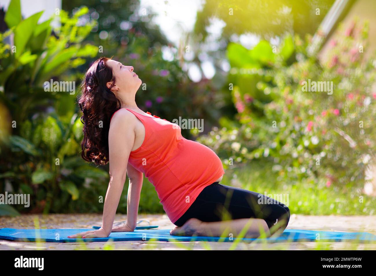 Pregnancy yoga. Exercise for pregnant woman. Active Asian female ...