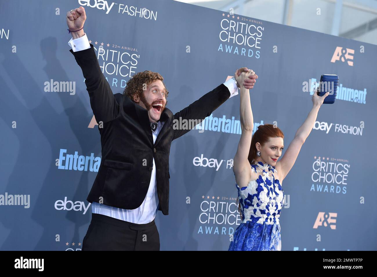 T. J. Miller, left, and Kate Gorney arrive at the 22nd annual Critics ...