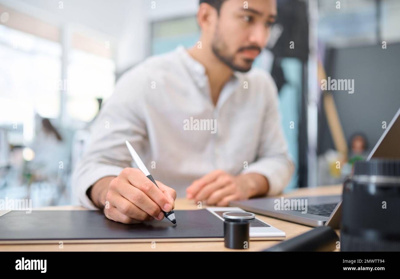 Graphic tablet pen, laptop and photographer editing camera photoshoot ...