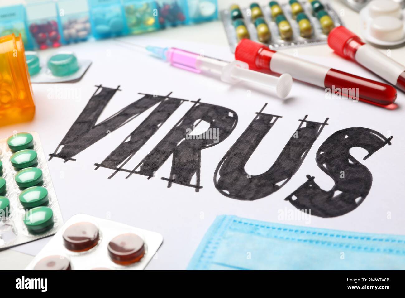 Word VIRUS and medicines on white background, closeup Stock Photo - Alamy
