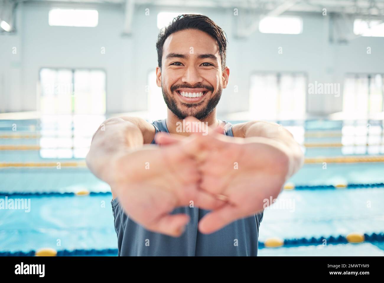 Portrait, stretching and man at swimming pool for training, cardio and ...