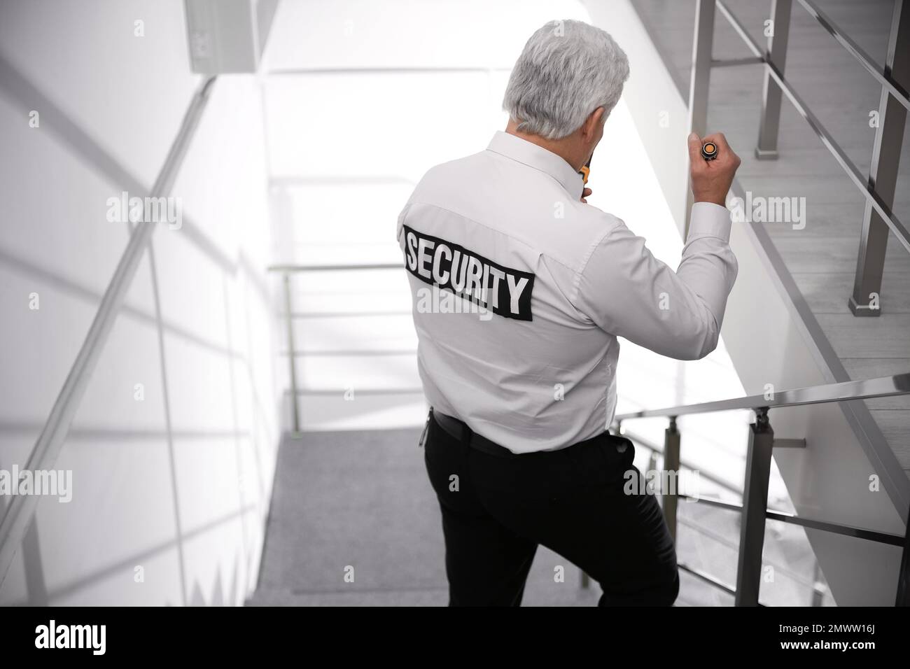 Professional security guard with flashlight on stairs indoors Stock ...
