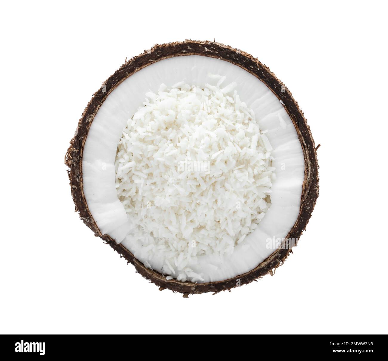 Tasty fresh coconut flakes isolated on white, top view Stock Photo - Alamy