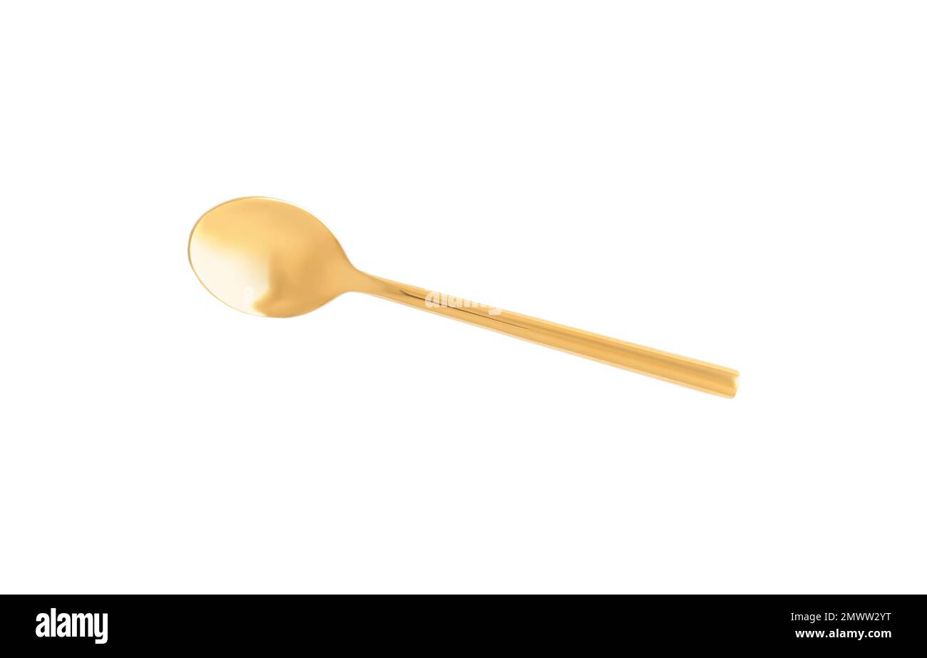 Clean golden spoon isolated on white, top view Stock Photo - Alamy